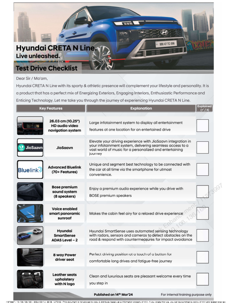 Hyundai CRETA N Line- Test Drive Checklist | PDF | Airbag | Automotive ...