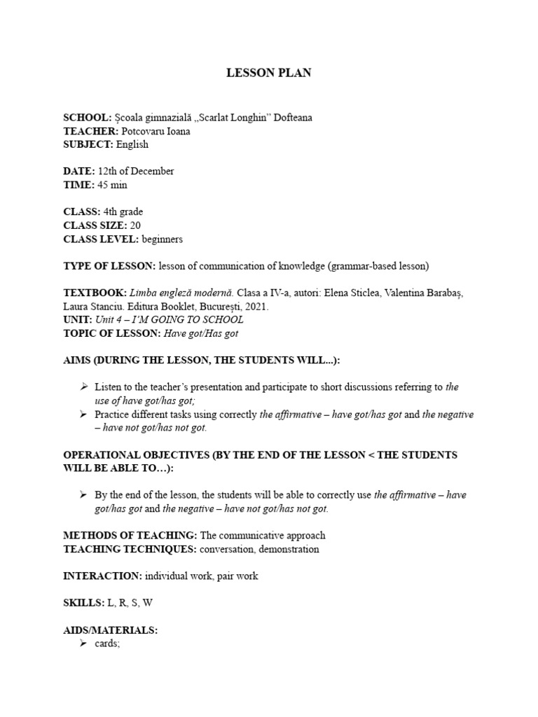 Plan de Lectie Clasa A IV A | PDF | Cognition | Learning