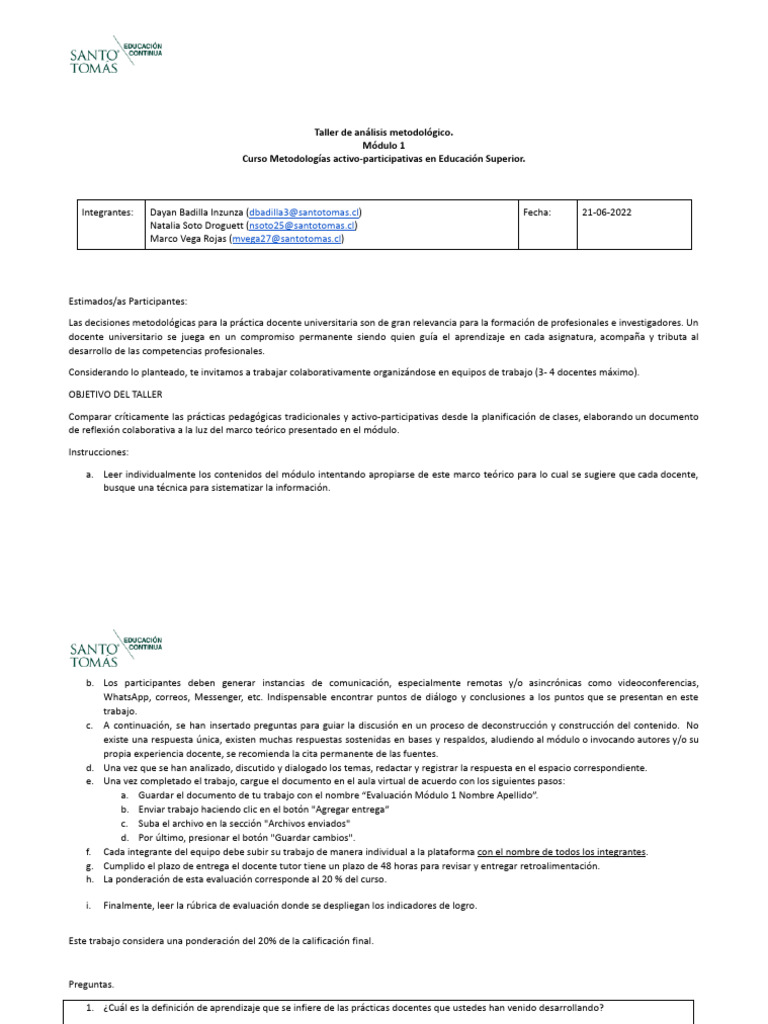 Evaluación Módulo 1 Marco - Vega | PDF | Aprendizaje | Enseñando