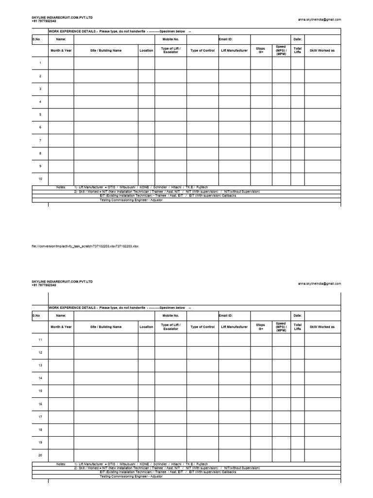 Work Experience Details Pdf