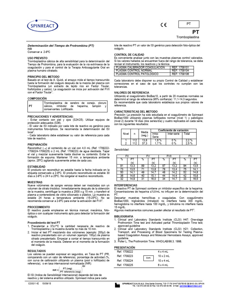 PT Inserto | PDF | Coagulación | Especialidades Medicas