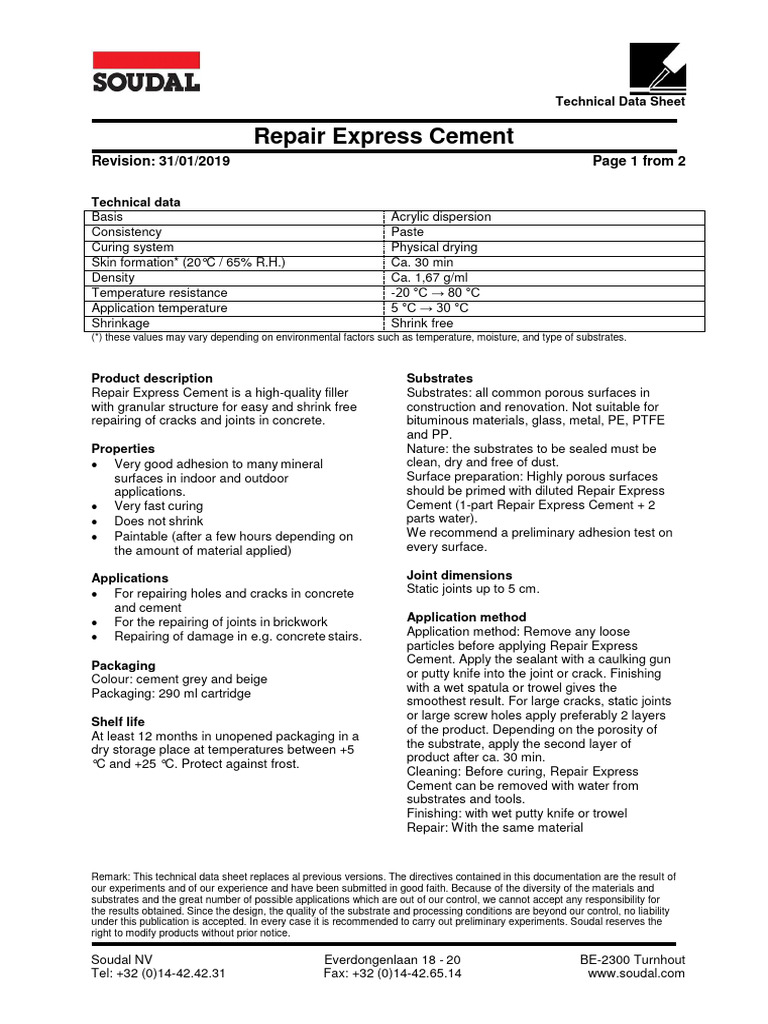 TDS - Soudal Repair Express Cement | PDF | Concrete | Cement