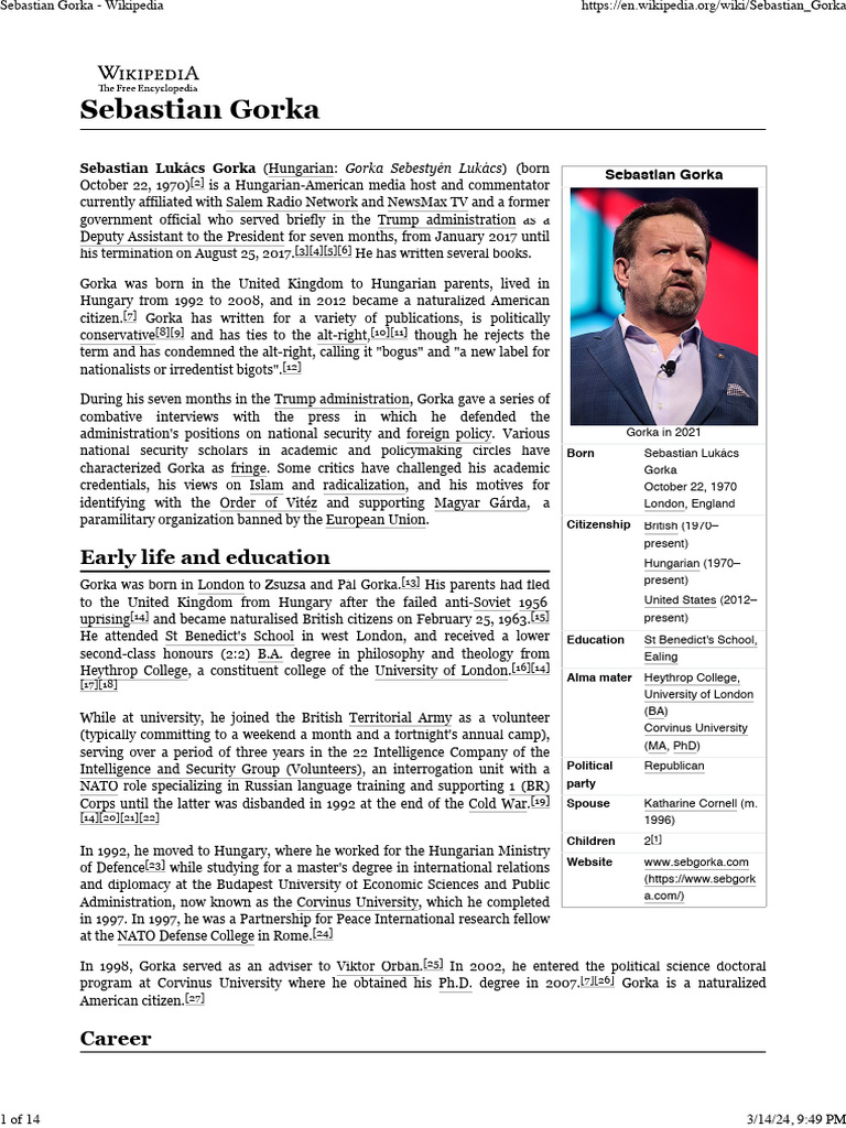 Sebastian Gorka: A Political Profile | PDF
