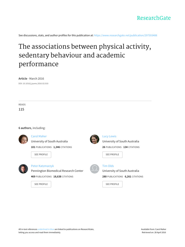 Maher Et Al 2016 - The Associations Between Physical Activity - Sedentary Behavior and Academic ...