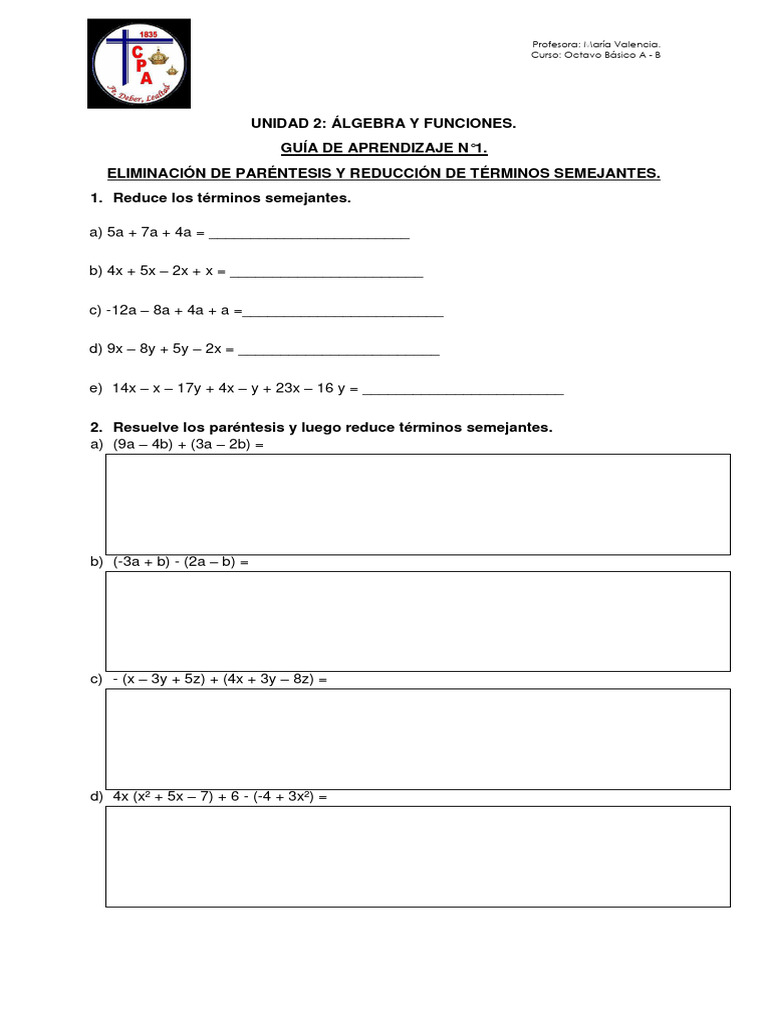 8° Mate Unidad 2 Guías 1,2,3,4,5,6,7,8,9,10 | Descargar gratis PDF | Ecuaciones | Álgebra