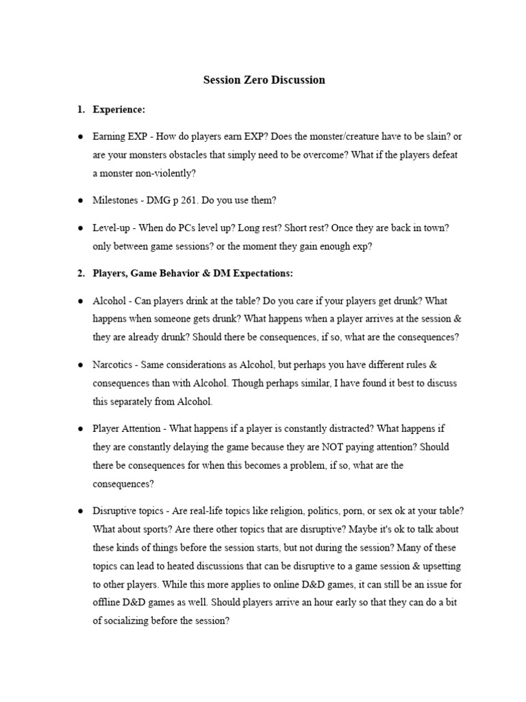 Session Zero Discussion Draft 1 | PDF | Dungeons & Dragons