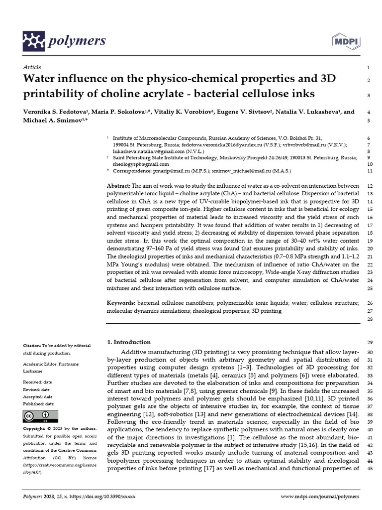 Water Influence On The Physico-Chemical Properties and 3D Printability ...