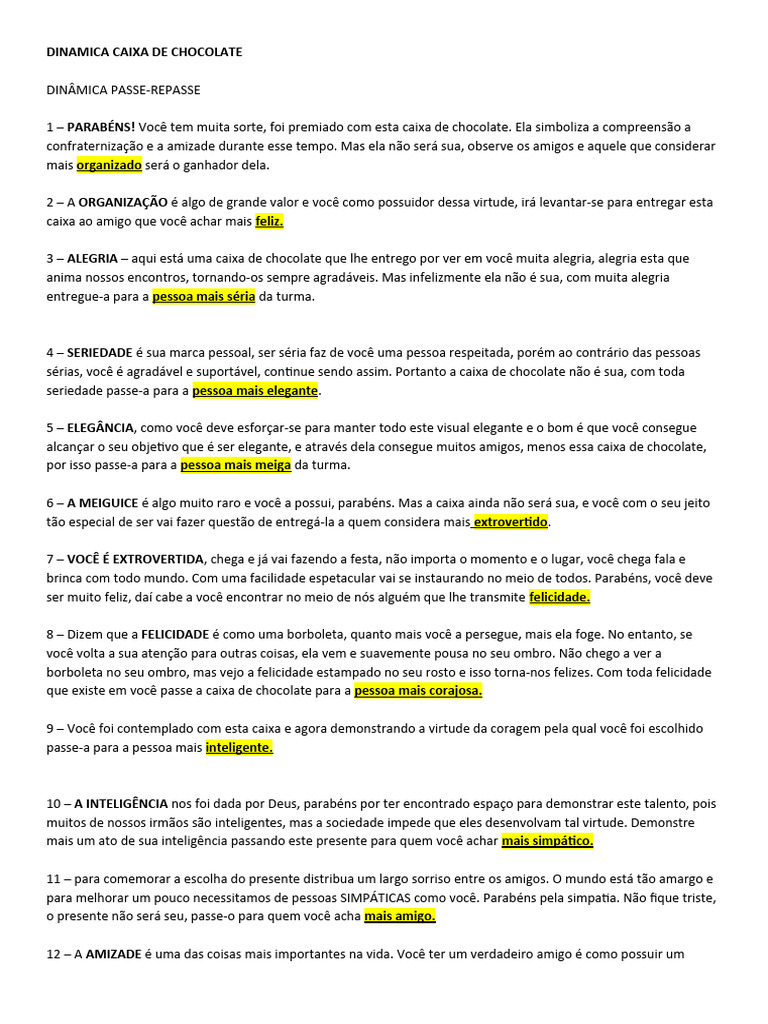 Dinamica Caixa de Chocolate | PDF | Chocolate | Felicidade