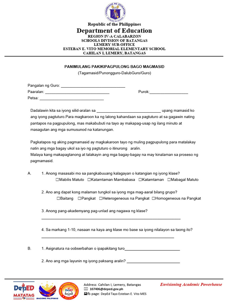 PRE POST FILIPINO English Observation | PDF