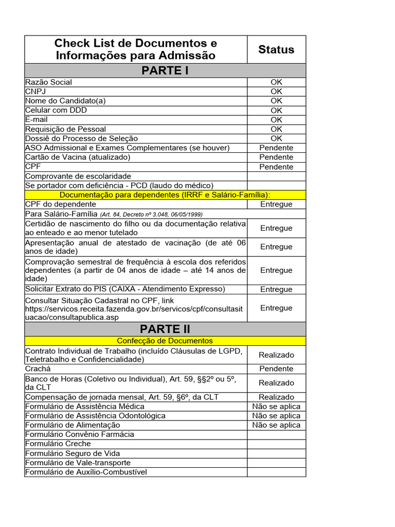 CHECK-LIST-DE-DOCUMENTOS-E-INFORMAÇÕES-PARA-ADMISSÃO | PDF