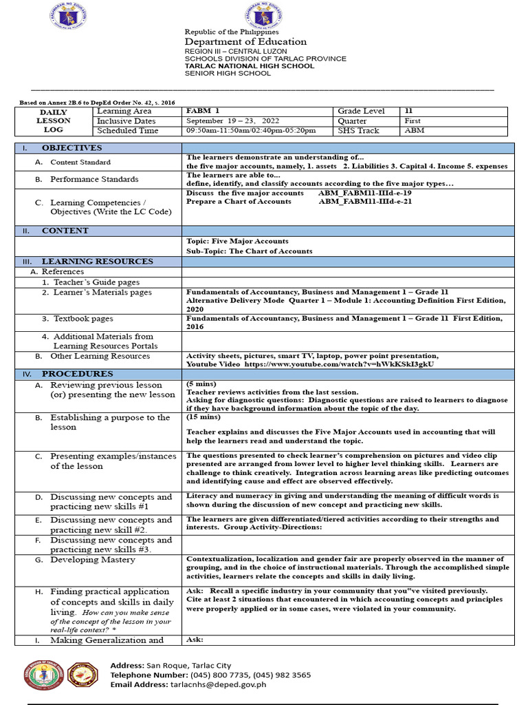 RCD Daily-Lesson-Log-Fabm 1 Fifth Week | PDF | Learning | Cognition