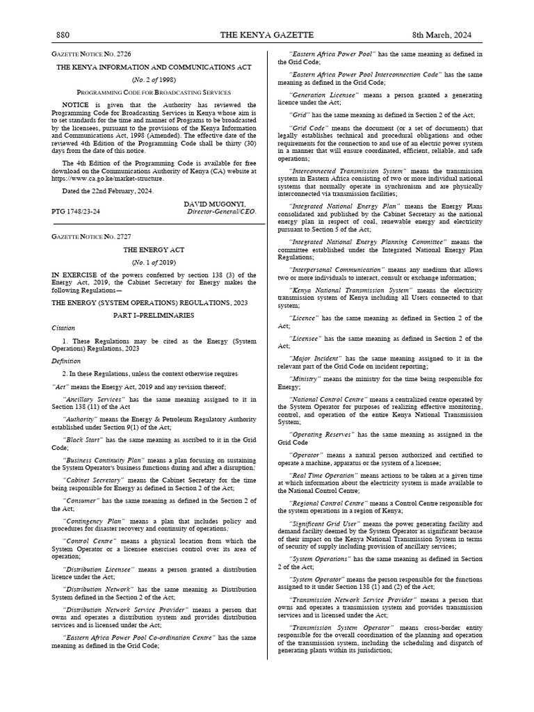 Energy Systems Operations Regulations 2024 | PDF | Electrical Grid ...