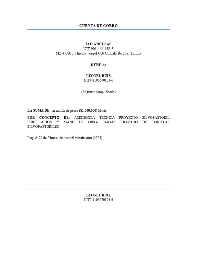Cuentas de Cobro Insumos y Mano de Obra | PDF | Silvicultura y medio ambiente | Gestión de bosques