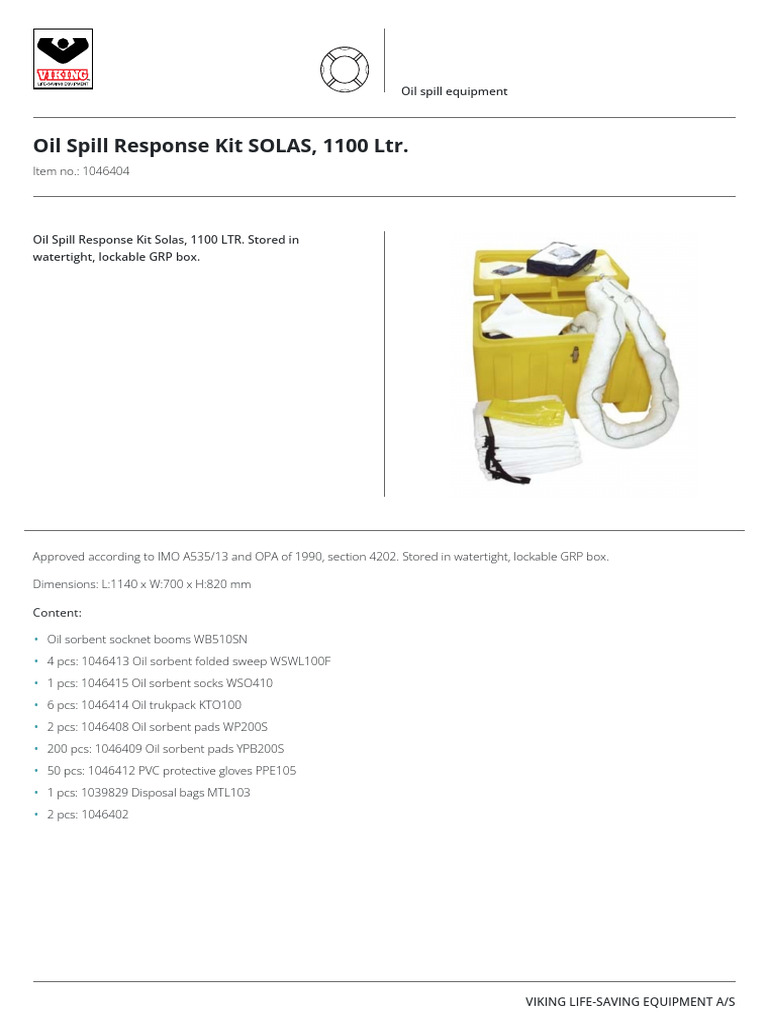 Oil Spill Response Kit SOLAS, 1100 LTR | PDF
