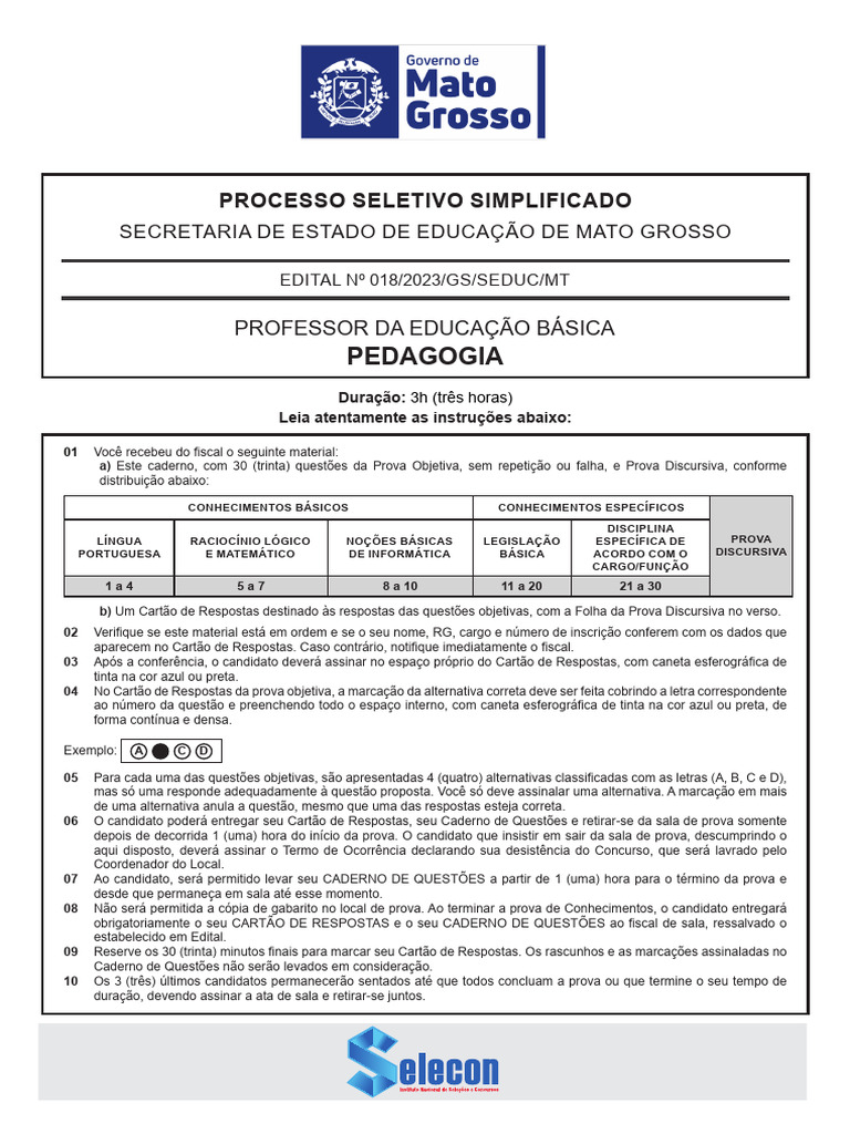 Selecon 2023 Seduc MT Professor Da Educacao Basica Pedagogia Prova | PDF | Pré-escola | Pedagogia