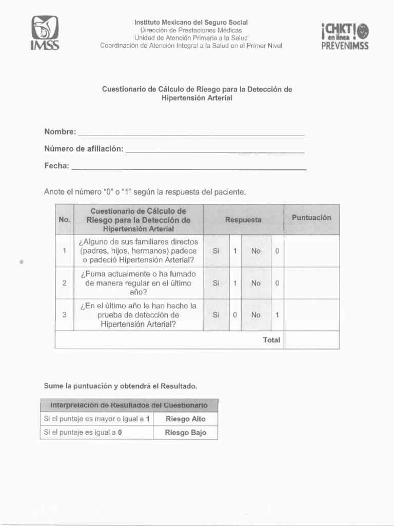CHKT Cuestionario de Riesgo para Hipertensi-N Arterial | PDF