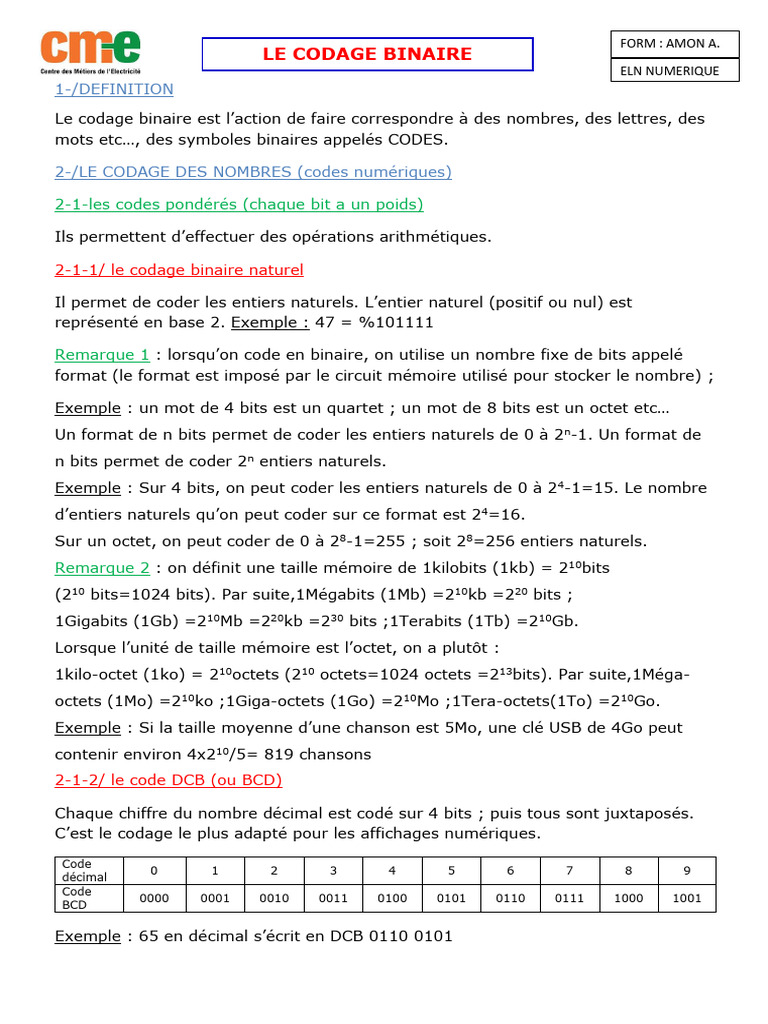 Introduction au codage binaire et ASCII | PDF | Décimal codé binaire ...