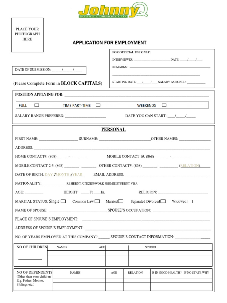 Johnny Q - Employment Application Form | PDF | Mental Disorder