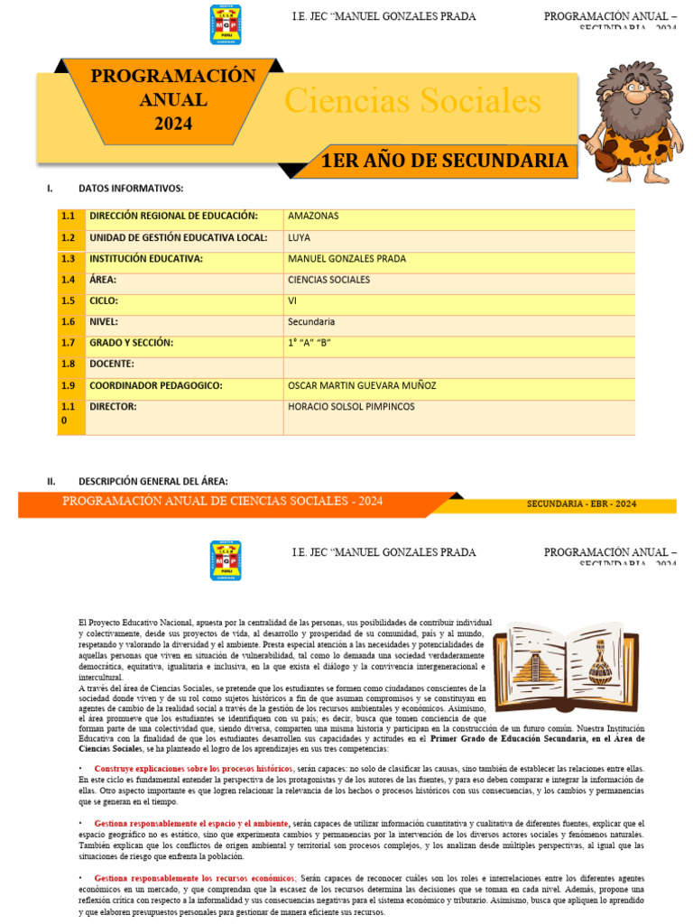 Programacion Anual CCSS 1° - 2024 | PDF | Perú | Evaluación