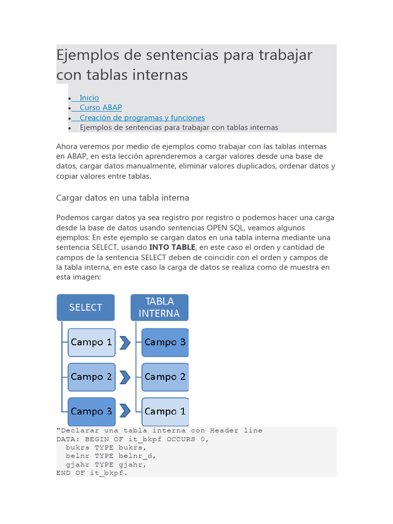 Ejemplos de sentencias para trabajar con tablas internas | PDF | SQL ...