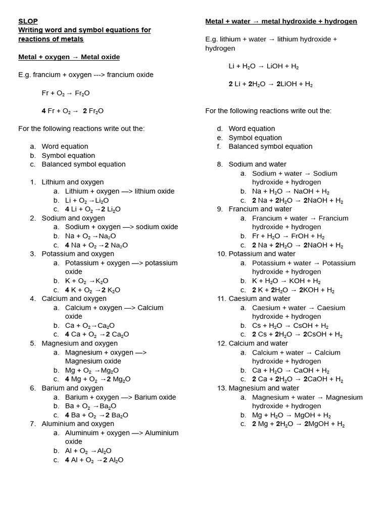 Word Equations for Metal Reactions | PDF | Hydroxide | Lithium