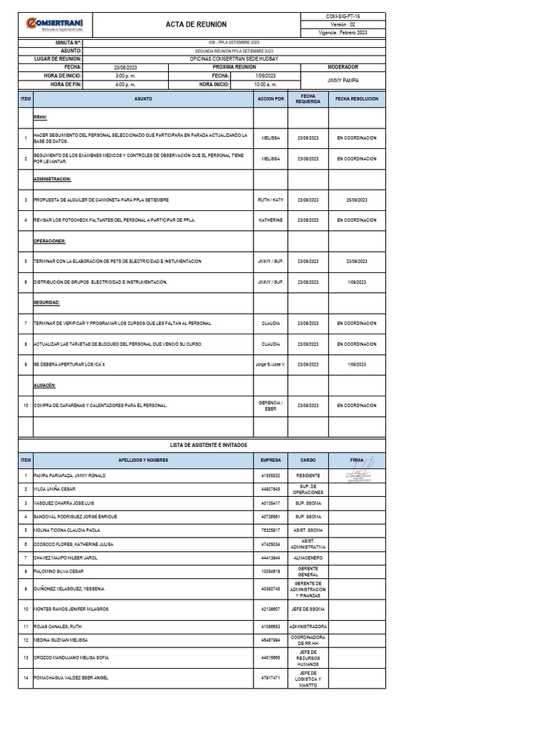 Com-Sig-Ft-16 - Formato Acta Reunion Ppla Setiembre 2023 008 Seguimiento | PDF