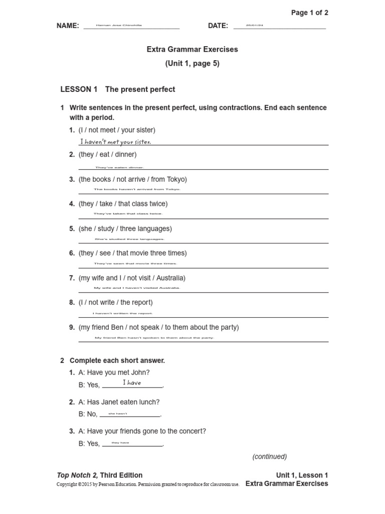 Unit 01 Extra Grammar Exercises | PDF