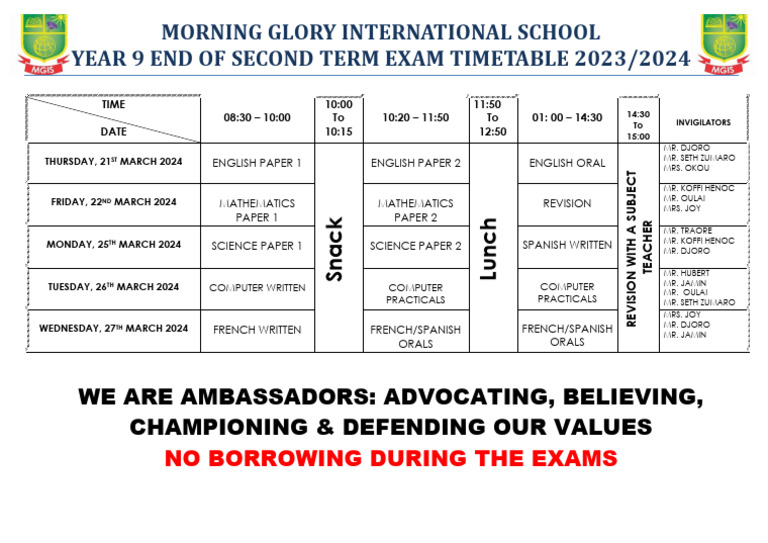 Year 9 - Mock & 2ND Term Exams Timetable | PDF