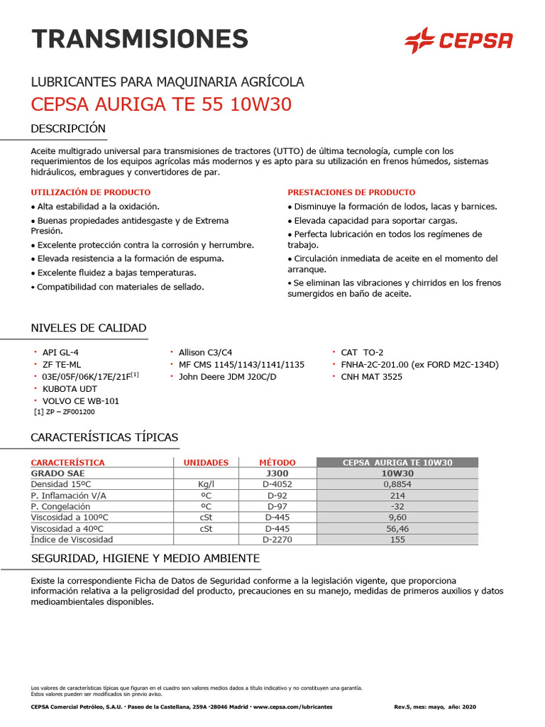 Lubricante Agrícola CEPSA AURIGA TE 55 | PDF
