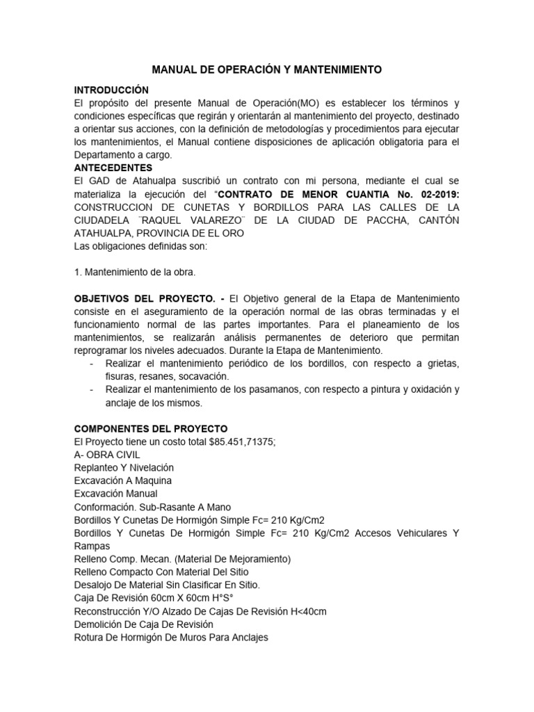 Manual de Operación y Mantenimiento Bordillos | PDF