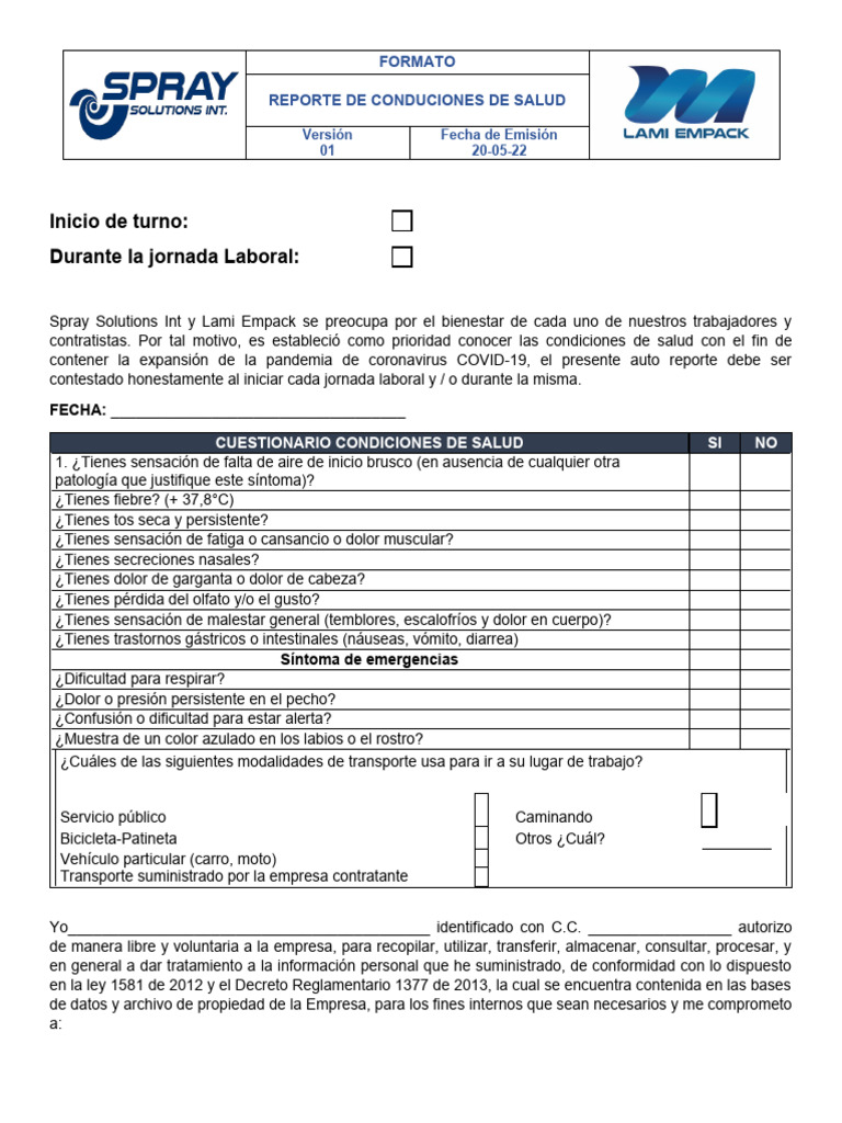 Formato V01 Reporte de Condiciones de Salud | Descargar gratis PDF ...