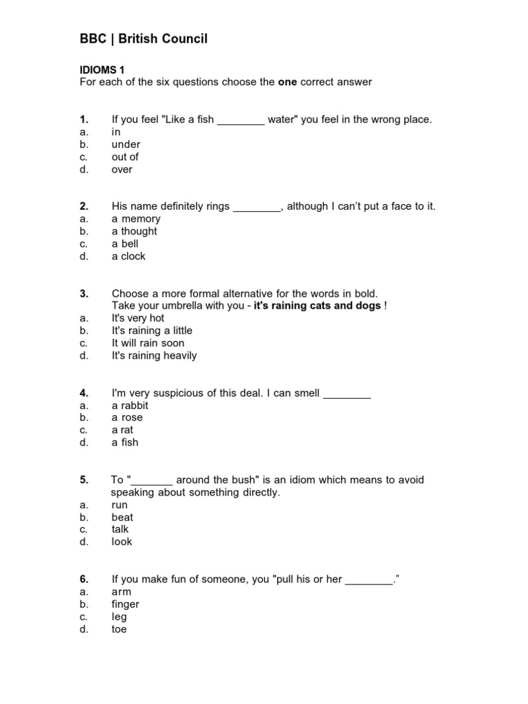 Idioms Quiz with Answers 1 | PDF