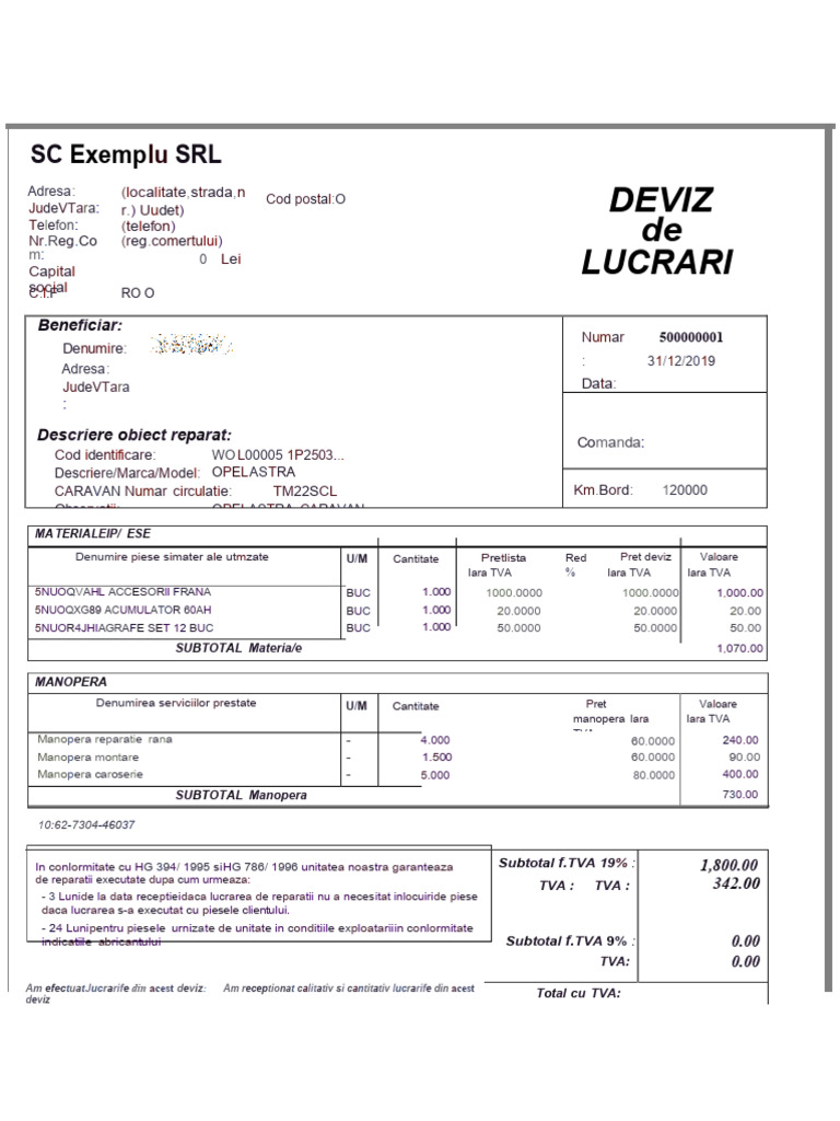 Mod Lucru Service Auto Deviz Lucrari Listare | PDF