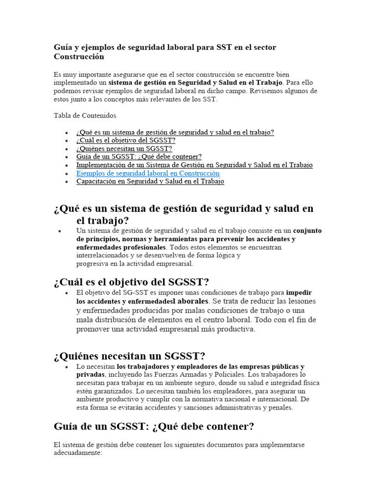 Guía y Ejemplos de Seguridad Laboral para SST en El Sector Construcción | PDF | Seguridad y ...
