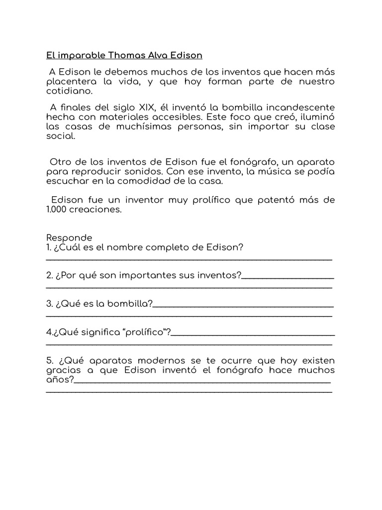 Comprensión Lectora-El Imparable Thomas Alva Edison | PDF