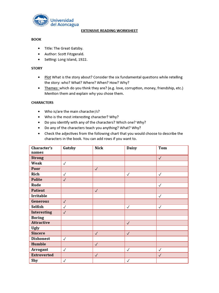 Great Gatsby Reading Worksheet | PDF | The Great Gatsby