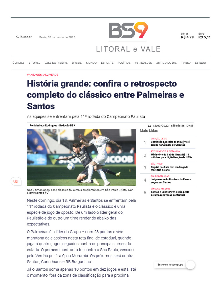História Grande: Confira o Retrospecto Completo Do Clássico Entre Palmeiras e Santos | PDF ...
