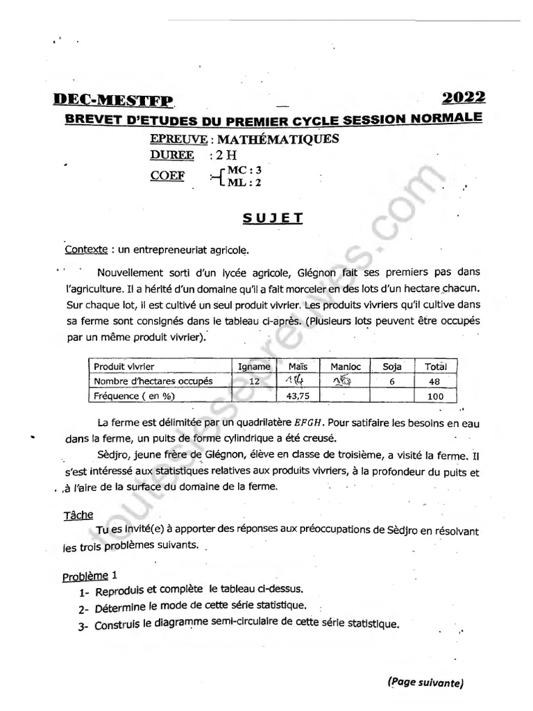 Bepc 2022+corrigé | PDF | Agriculture | Cultures