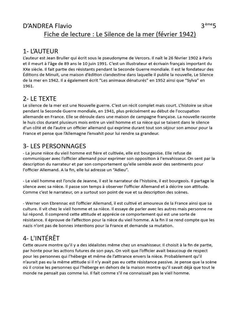 Fiche de lecture : Le Silence de la mer | PDF | Romans