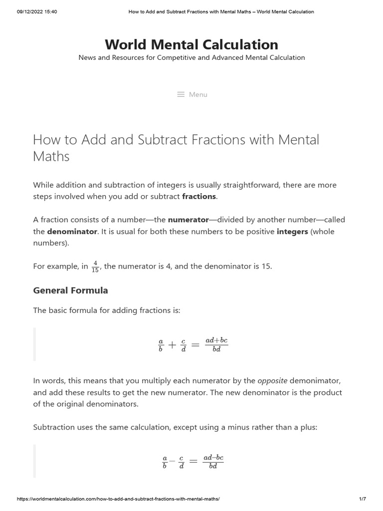 How To Add and Subtract Fractions With Mental Maths - World Mental ...