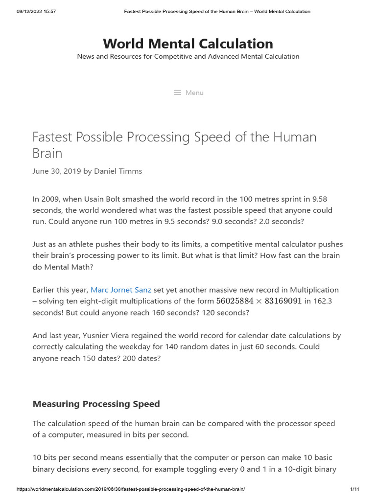 Human Brain's Fastest Calculation Speed | PDF | Mental Chronometry | Bit