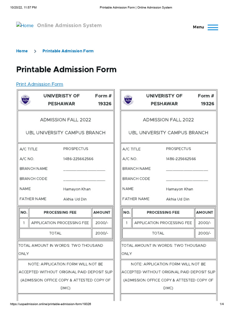 Printable Admission Form | PDF