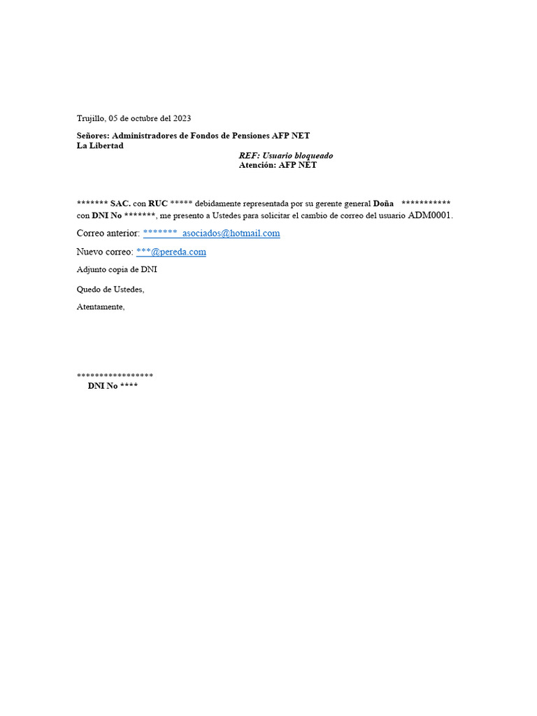 Carta Afp Net Cambio de Correo | PDF | Finanzas y administración del dinero