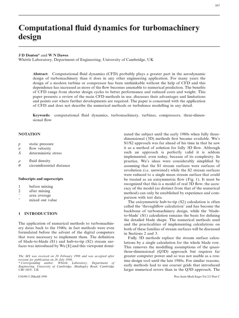 Review 1999 Computational Fluid Dynamics For Turbomachinery Design