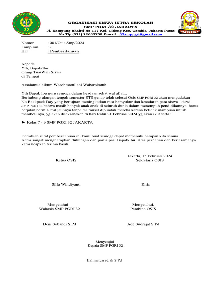 Surat Pemberitahuan Kegiatan Osis | PDF
