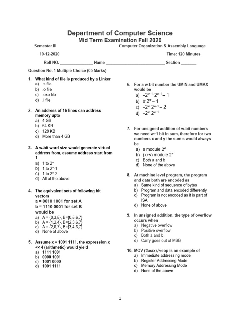 Computer Organization & Assembly Language Mid Term 2020-Resit students ... Computer Organization & Assembly Language Mid Term 2020-Resit students ...