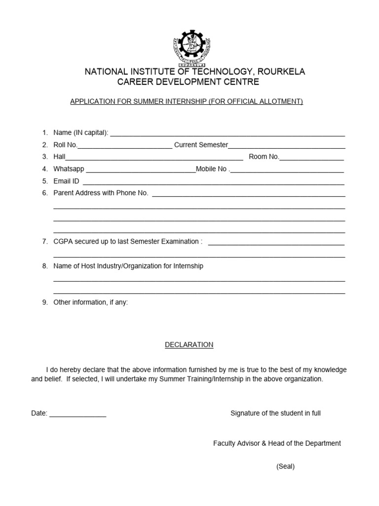Summer Internship Application Form | PDF | Career & Growth | Business