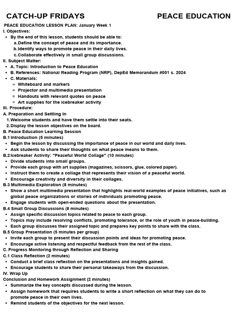 Peace Education Lesson Plans Overview | PDF | Conflict Resolution ...