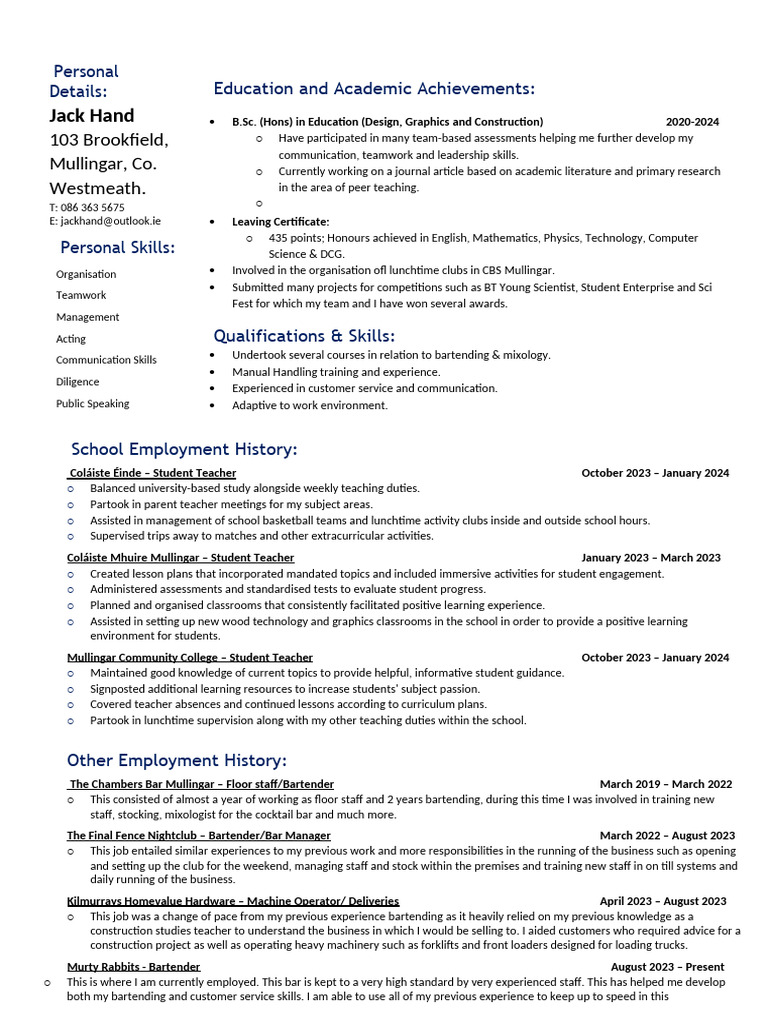 Teaching CV Jack Hand | Download Free PDF | Bartender | Teachers