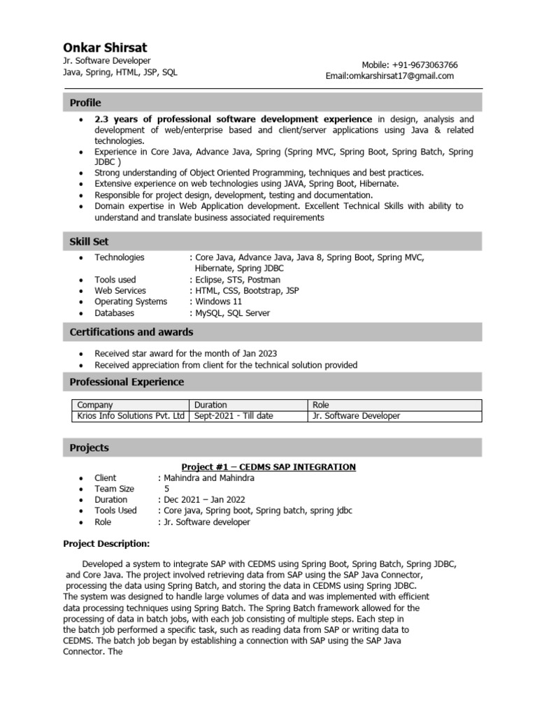 Onkar Shirsat - Software Developer - Java | PDF | Spring Framework | Model–View–Controller